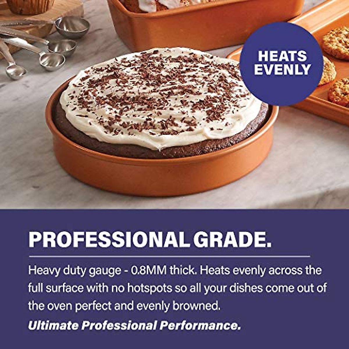 Gotham Steel Round Baking Pan Nonstick Bakeware, Round Cake Pan, – Large 9.5” x 9.5” x 2” Size, Even Heat & Non-Warp Technology, Ultra Nonstick Ceramic Coating, Dishwasher Safe, Brownish