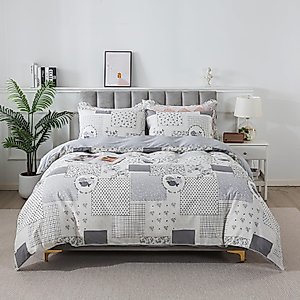 Lemfux 100% Cotton Floral Pattern Modern Theme Duvet Cover Set, Geometric Style Aesthetic White Soft Comforter Cover Set with Metal Zippers, Full Size, 3Pcs