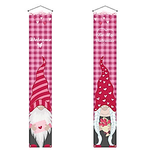 Rainlemon Welcome Be My Valentine Swedish Gnome Porch Banner, Pink Buffalo Check Plaid, Valentine's Day Front Door Sign Decoration