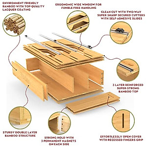 KITORG Bamboo Foil and Plastic Wrap Organizer for Drawer, 3 in 1 Tin Foil, Cling Paper, Food Wrap, Plastic Wrap Dispenser with Cutter and Labels for Kitchen, Aluminum Foil Organization and Storage