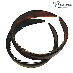 Parcelona French (Set of 2) Wide 1 Inch Tortoise Shell Brown and Black Hair Headbands with Inner Teeth Nibs