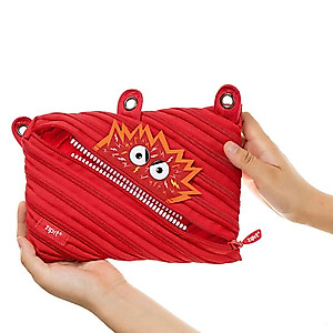 ZIPIT Monstar 3-Ring Binder Pencil Pouch, Large Capacity Pen Case for Kids, Made of One Long Zipper (Red)