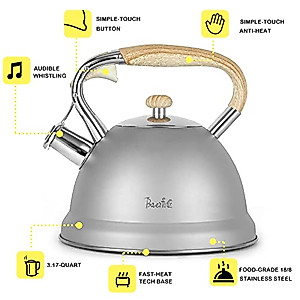 BAERFO 3.17 QT Stove Top Whistling Tea Kettle,Stainless Steel Teakettle,Teapot for Stove with Premium Zinc Alloy Silicone Grip(Silver)