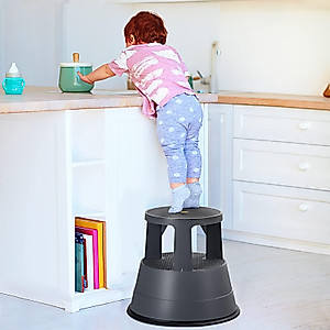 LDAILY Rolling Step Stools with Wheels, Kick Step Stool Holds up to 350 lbs, Round Scooter Stool Ideal for Kids or Adults, Step Stool Perfect for Kitchen, Library, Office, Garage, Gray