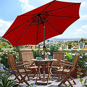 Blissun 9ft Patio Umbrella, Manual Push Button Tilt and Crank Garden Parasol (Red)