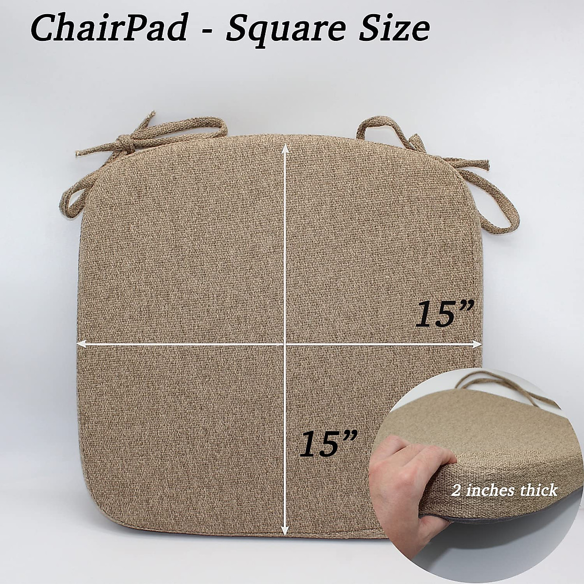 ZYHOONE Chair Cushion with Ties for Dining Chairs - Thick and Comfortable Non Slip Kitchen Seat Pad for Dining Room with Machine Washable Cover [15 X 15 X 2 Inches] - Natural Linen