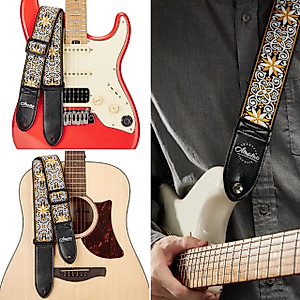 AMUMU Hootenanny Embroidery Guitar Strap Yellow Cotton for Acoustic, Electric and Bass Guitars with Strap Blocks & Headstock Strap Tie - 2" Wide