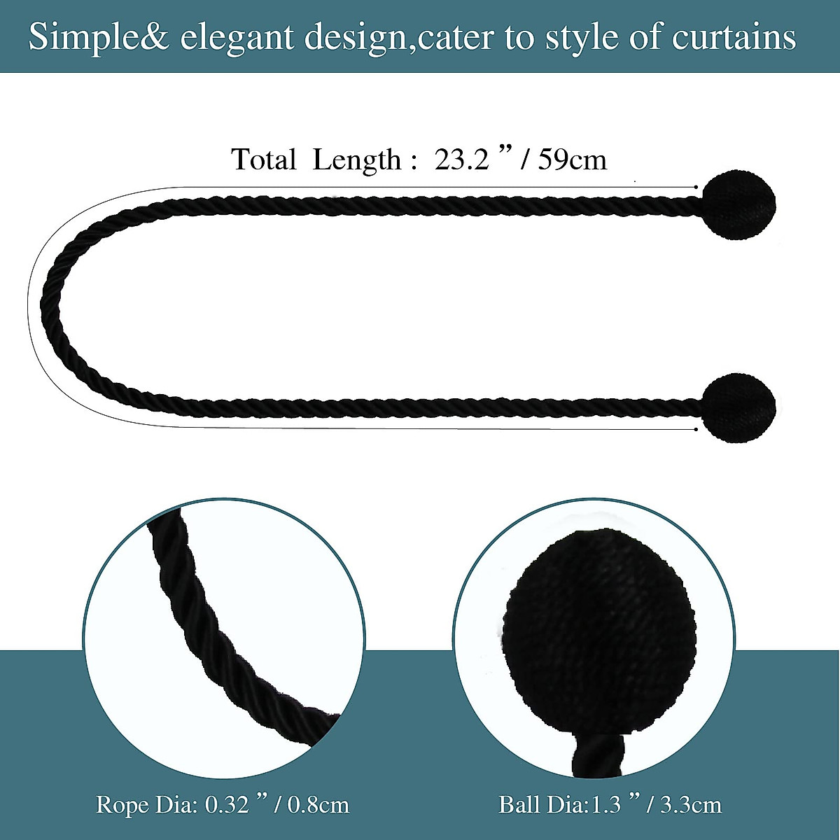 Hangtty 2 Pack Curtain Tiebacks Elegant Decorative Curtain Tie Backs Rope Curtain Holders for Drapes Window Treatment Holdbacks for Drapes or Curtains, Black
