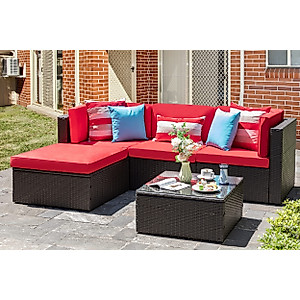Vongrasig 5 Piece Furniture, Small All-Weather Brown PE Wicker Outdoor Couch Sectional Patio Conversation Set Garden Patio Sofa w/Ottoman, Glass Table, Red