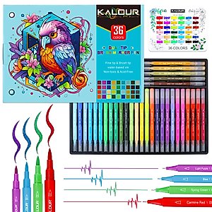 Kalour 36 Colors Art Markers Pens,Dual Tip (Brush and Fine Point),Color Number and Color Name,Art Marker for Coloring Lettering Calligraphy Drawing Journaling,Coloring Art Gift for Adult Beginner Kids
