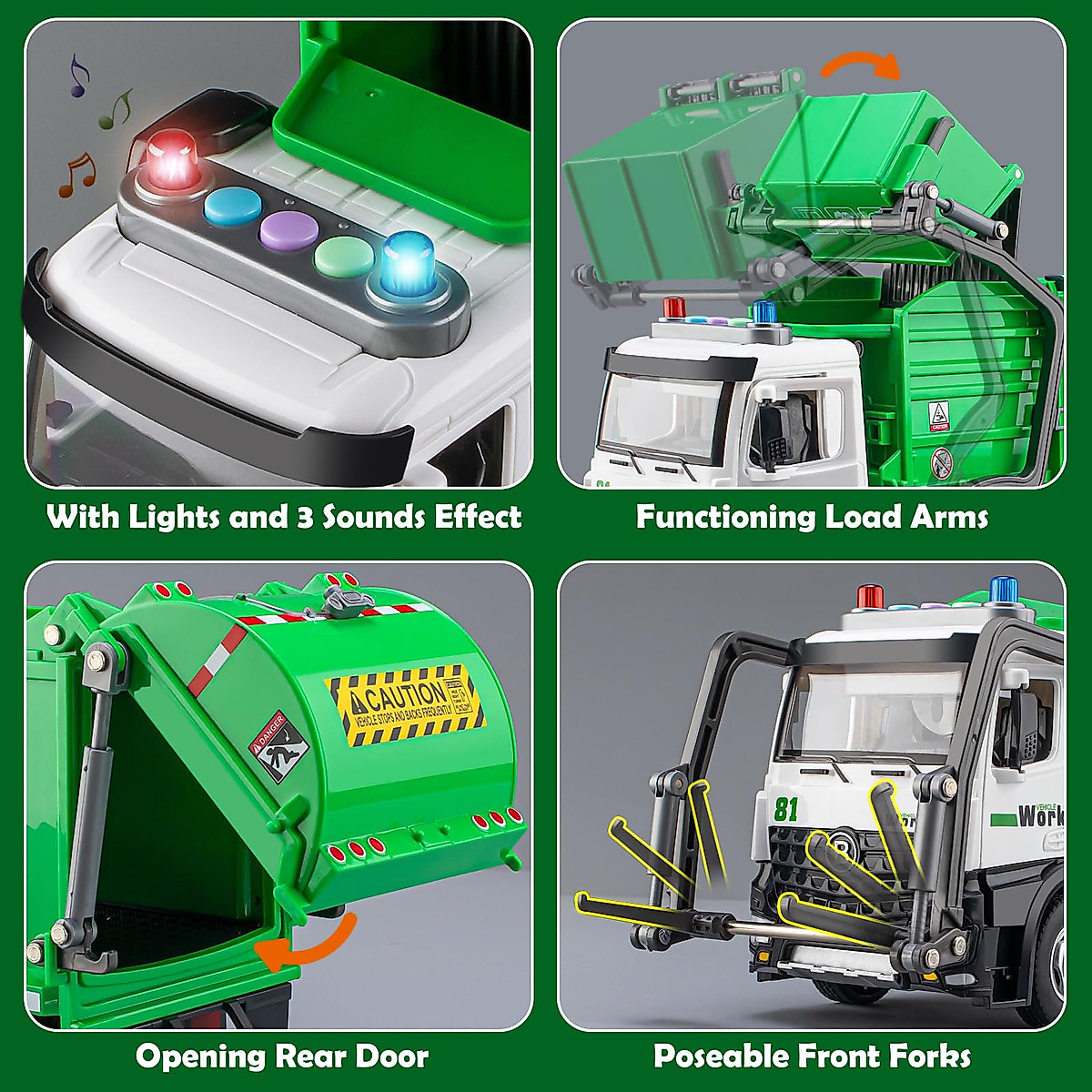 Garbage Truck Toys for Boys, 12" Big Trash Truck with Lights and Sounds, Friction Powered Waste Management Recycling Toy Set with 4 Trash Cans and Sorting Cards, Gift for Kids