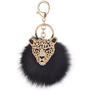 Giftale Leopard with Black Fox Fur Pom Pom Keychain for Women Ball Bag Charm