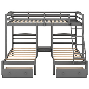 Full over Twin & Twin Bunk Bed,Triple Bunk Bed Frame for Boys Girls Kids Adults Toddler with Drawers, Gray