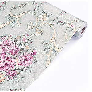 Yija Self-Adhesive Light Green Rural Vintage Rose Wallpaper Shelf Liner Funitures Dresser Drawer Cabinet Decor Sticker 17.7 Inch by 100 Inch