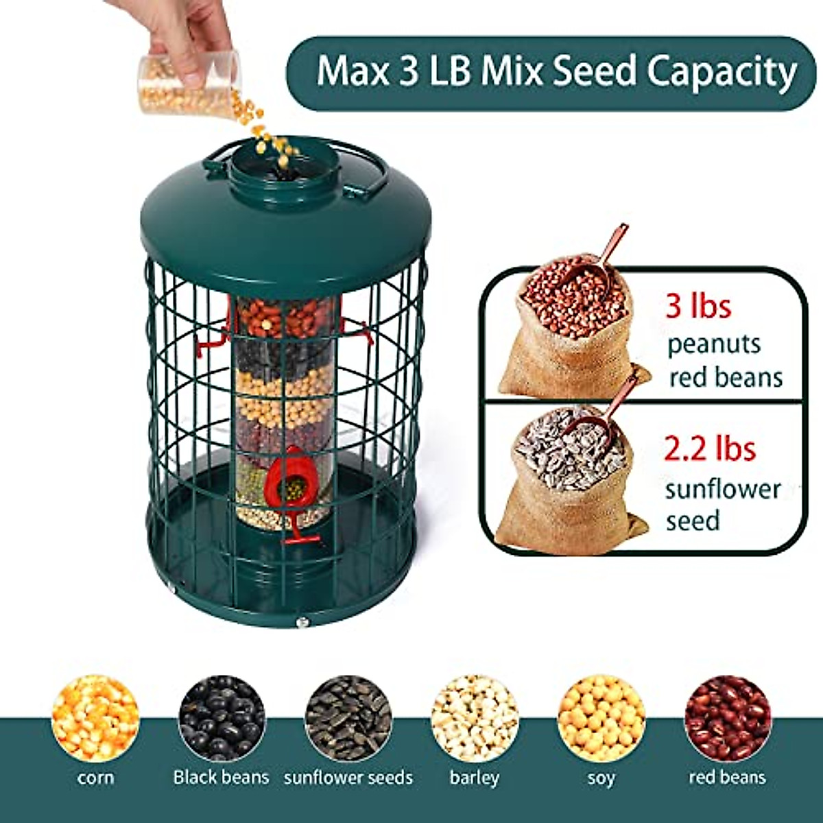 Mosloly Caged Bird Feeder for Wild Birds Outside, Large Squirrel-Proof Heavy-Duty Metal Hanging Tube Bird Feeder, 4 Feeding Ports, 13.2'' High, 3LB Seed Capacity (Green)