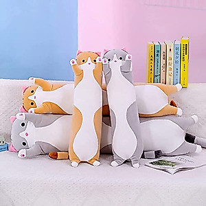 Cute Cat Plush Long Body Pillow Cuddle Cartoon Stuffed Animals Cat Plushie Soft Doll Pillows Gifts for Kids Girls (Gray, 19 Inches), 1 Count (Pack of 1)