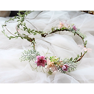 Vivivalue Vine Flower Crown Boho Flower Headband Hair Wreath Floral Headpiece Halo with Ribbon Wedding Party Photos Festival