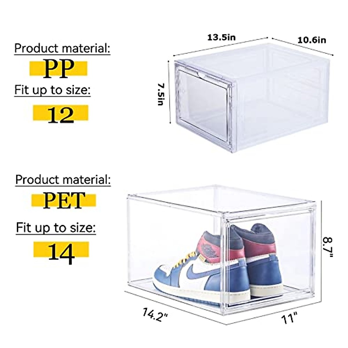 Attelite 6 Pack Large +3 Pack X-Large Drop Front Shoe Box Clear Shoe Storage Box, As Plastic Stackable Shoe Containers for Display Sneakers