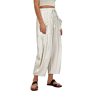 Beaully Women Linen Pants Palazzo Lounge Harem Wide Leg Pants Beach Long Trousers with Pockets 6094 Beige X-Large