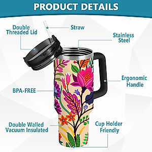 Yasala Car Tumbler with Handle Rainbow Flower Cartoon Flora Travel Mug Coffee Cup Insulated Beverage Container Mega Cup for Hot Cold Drinking Thermos Water Bottle Cupholder Friendly 40 oz