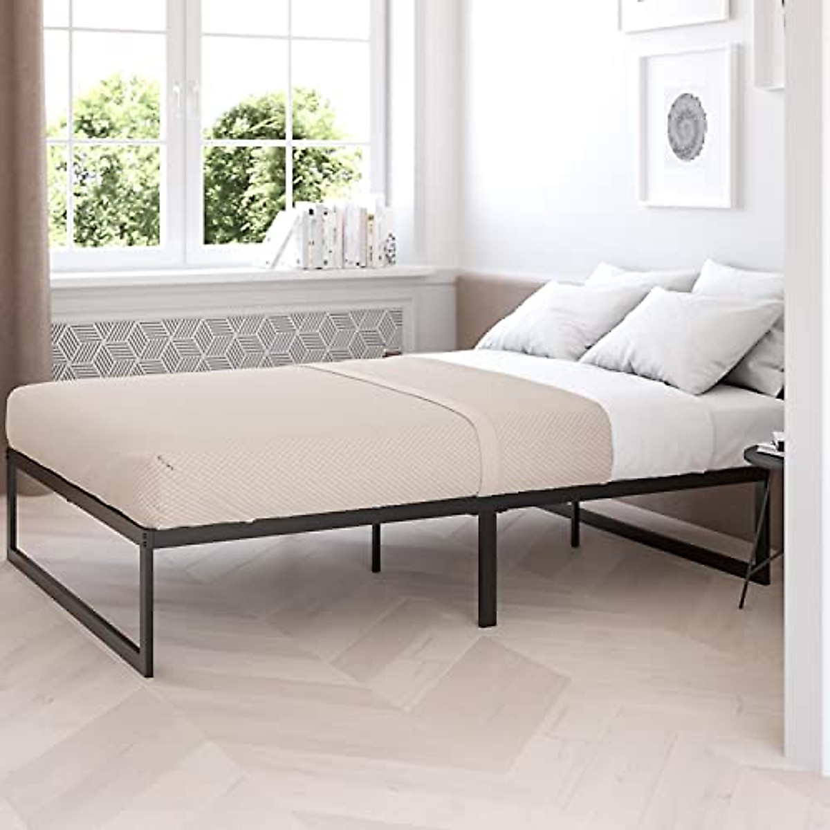 Flash Furniture Lana 14 Inch Metal Platform Bed Frame - No Box Spring Needed with Steel Slat Support and Quick Lock Functionality (Queen)