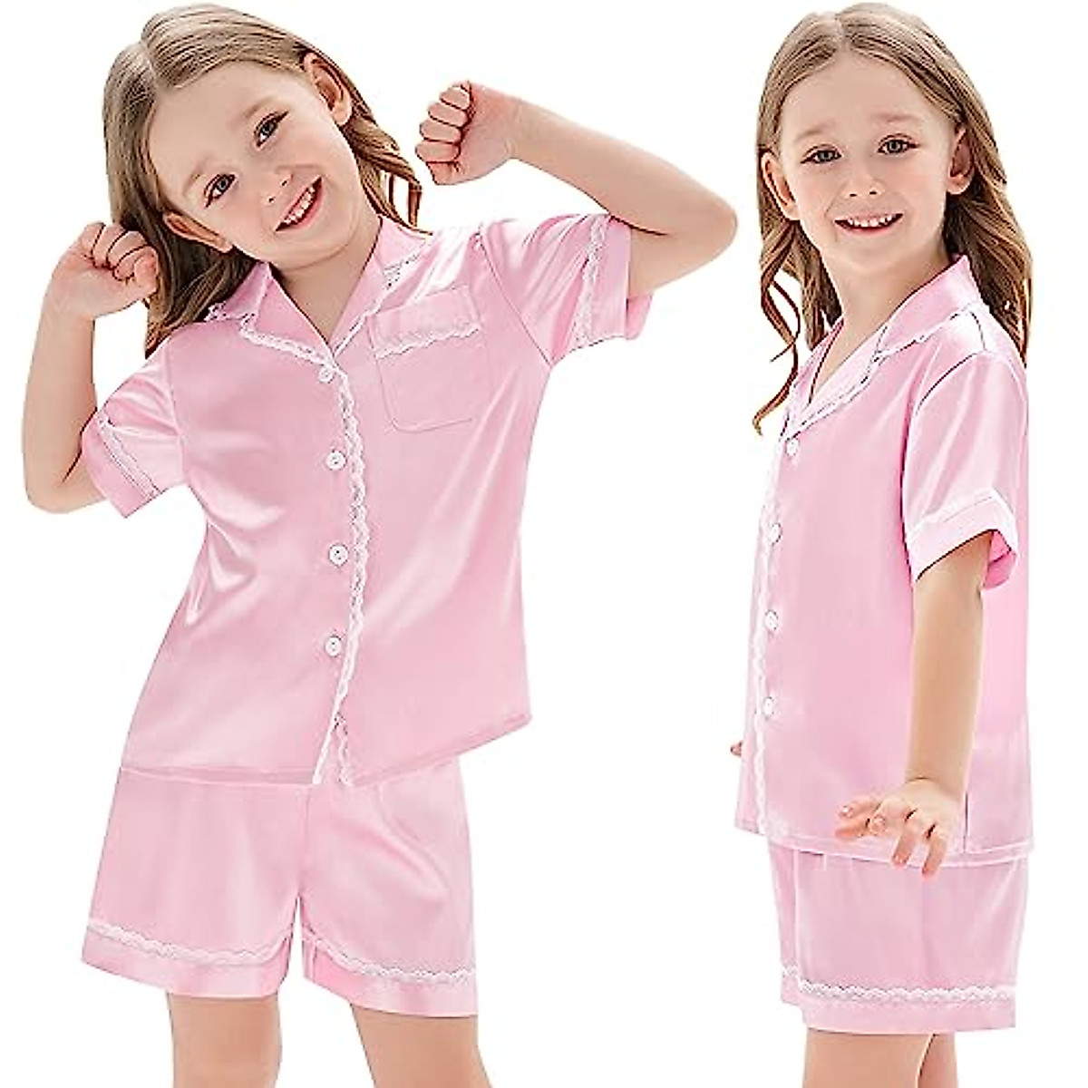 SWOMOG Family Pjs Matching Sets Satin Womens Pajama Sets Silk Pjs 2 Piece Short Sleeves Lace Button Up Pj Silky Loungewear Pink