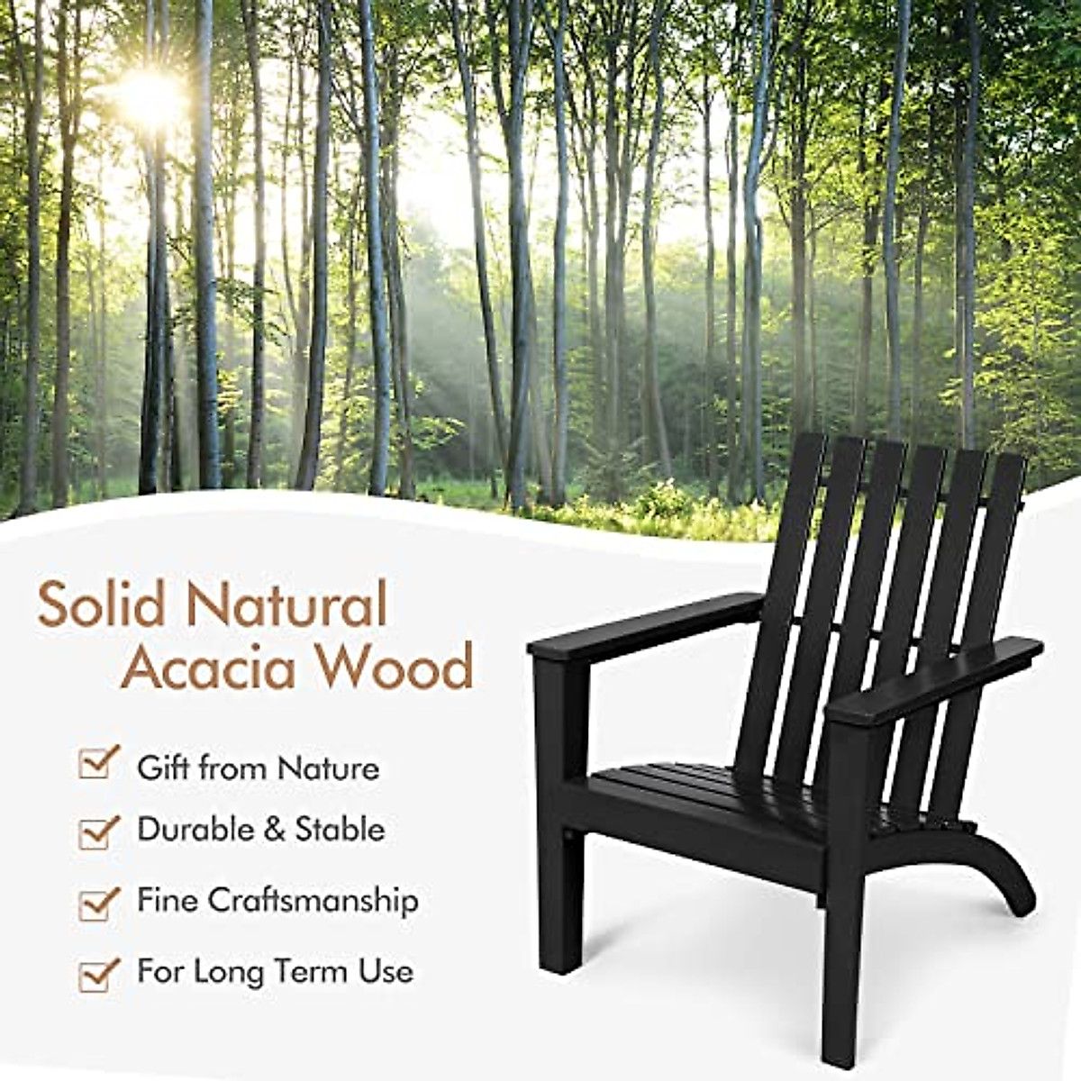 Tangkula Adirondack Chair Acacia Wood Outdoor Armchairs, Weather Resistant for Patio Garden Backyard Deck Fire Pit, Lawn Porch Furniture & Lawn Seating, Campfire Chairs, Adirondack Lounger (2, Black)
