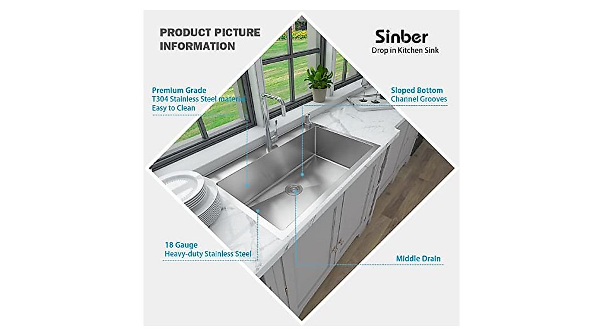 Sinber 33" Drop In Kitchen Sink - Premium 304 Stainless Steel