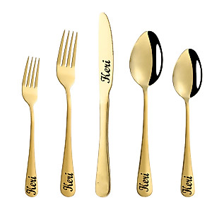 OBTIAN Stainless Steel Customized Flatware Set,Engraving Name Knife Forks Spoon,Personalized names will be engraved on your tableware, Customized Birthday Christmas Gift Gold