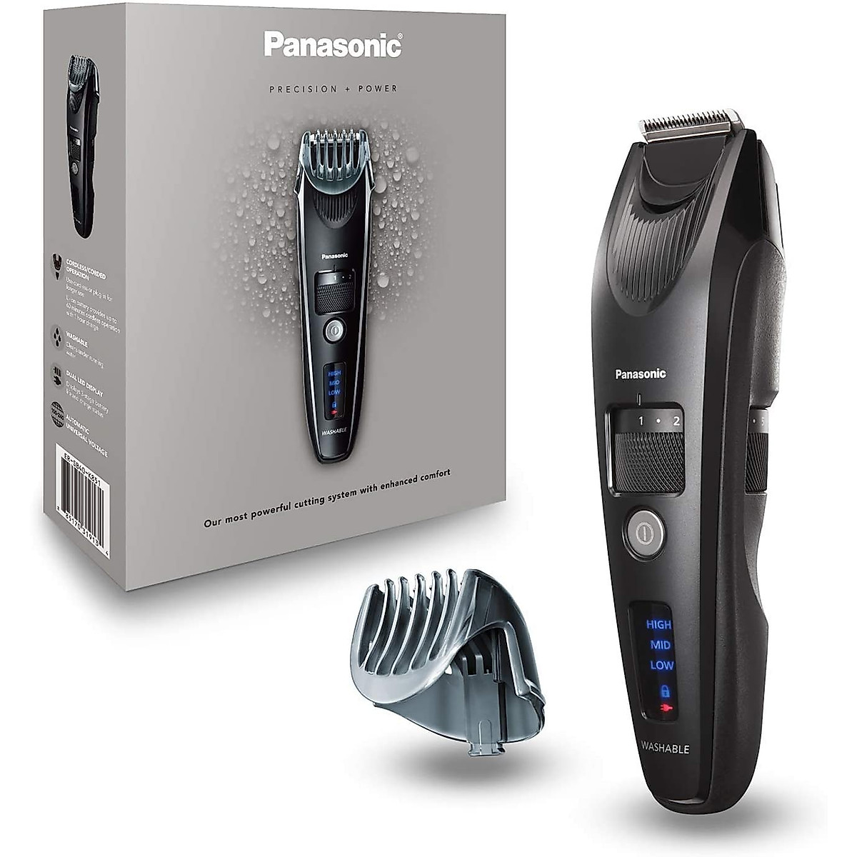Panasonic Men's Precision Power Beard, Black - Mustache and Hair Trimmer, Cordless Precision Power, Hair Clipper with Comb Attachment and 19 Adjustable Settings, Washable