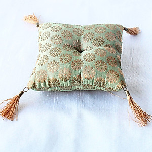 Cushion for Tibetan Singing Bowl Handmade Square Cushions Brocade Art Silk Home Decor Jewelry Display Pillow (4" x 4" Inch, Mint Green)