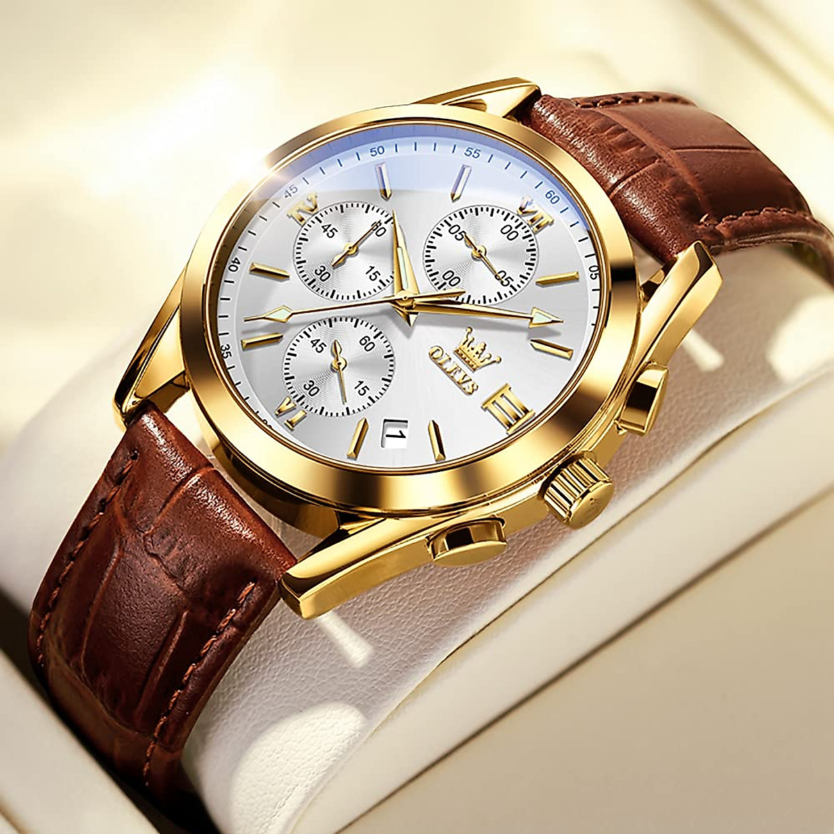 OLEVS Brown Leather Watch Men Chronograph Gold Case Analog Quartz Fashion Business Dress Large Face Men Watch Multifunction Luminous Waterproof Casual Male Wrist Watch White Dial Reloj para Hombre
