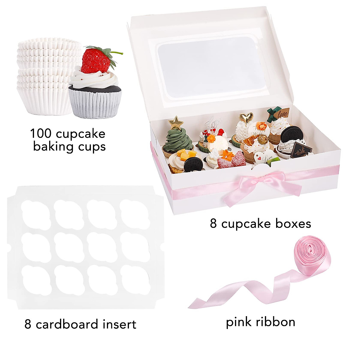 Moretoes 8 Pcs Cupcake Boxes, 12 Count White Cupcake Boxes with Windows and Inserts to Fit 12 Cupcakes Muffins or Pastries, 100 Cupcake Baking Cups and Ribbon