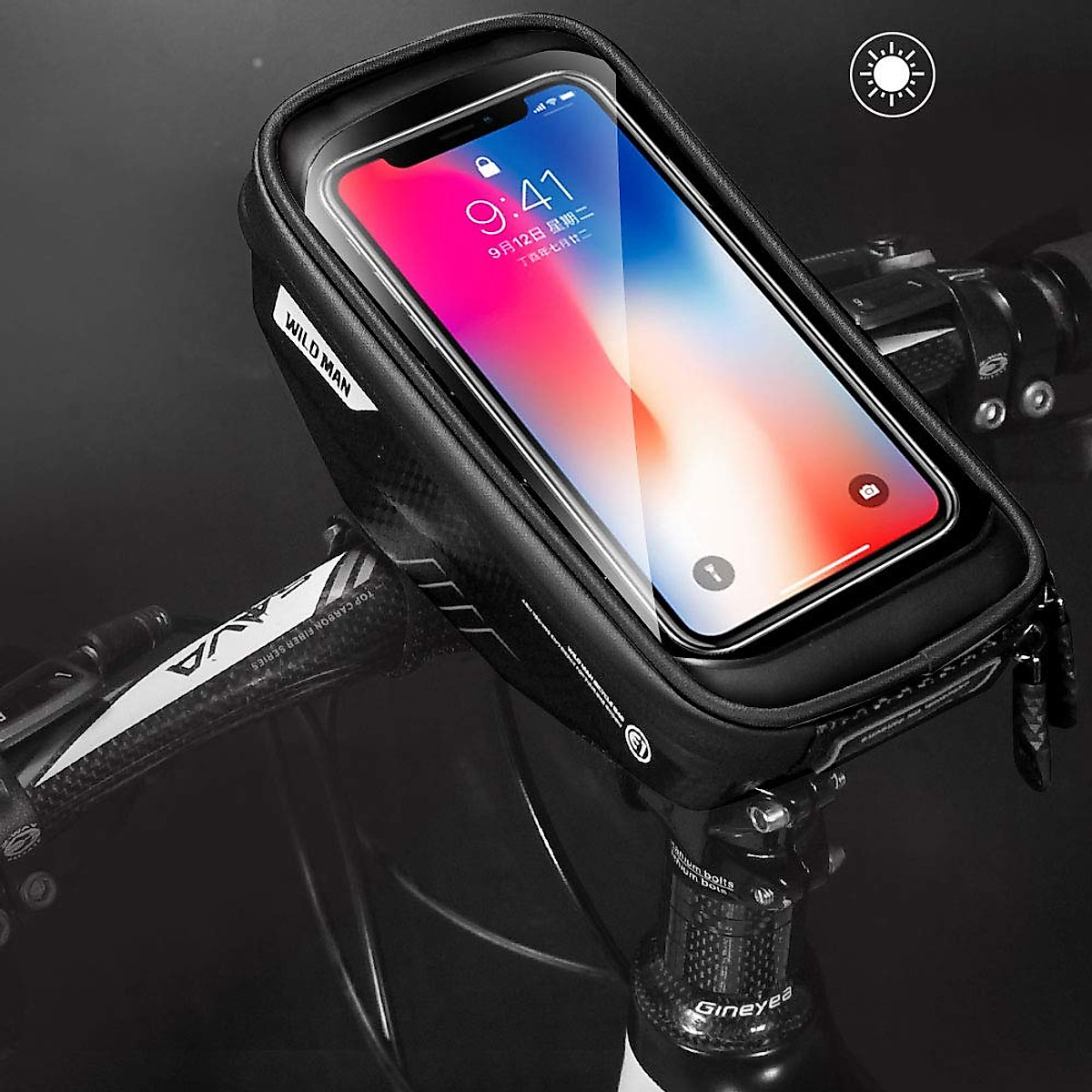 Bike Handlebar Bag, Waterproof Bicycle Frame Handlebar Bag Accessories Cycling Front Top Tube Pouch Pannier Bike Phone Mount Holder Stand for iPhone 15 14 13 12 11 Pro MAX XS XR Smartphone up to 6.7''