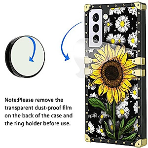 KANGHAR Designed for Samsung Galaxy S21 5G Case Sunflower with Tempered Glass Screen Protector Lanyard Strap Ring Holder Kickstand for Women Girls Flower Daisy Square with Finger Grip Stand 6.2"