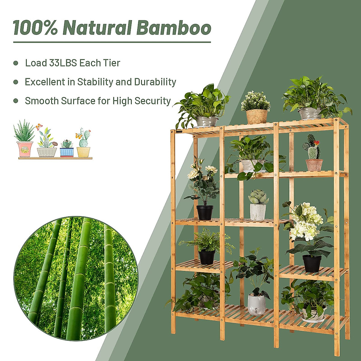 COSTWAY Plant Stand indoor, Bamboo Utility Shelf with Storage Organizer Pots, Wood Outdoor Tiered Plant Shelf for Multiple Plants, for Window, Garden, Balcony, Living Room