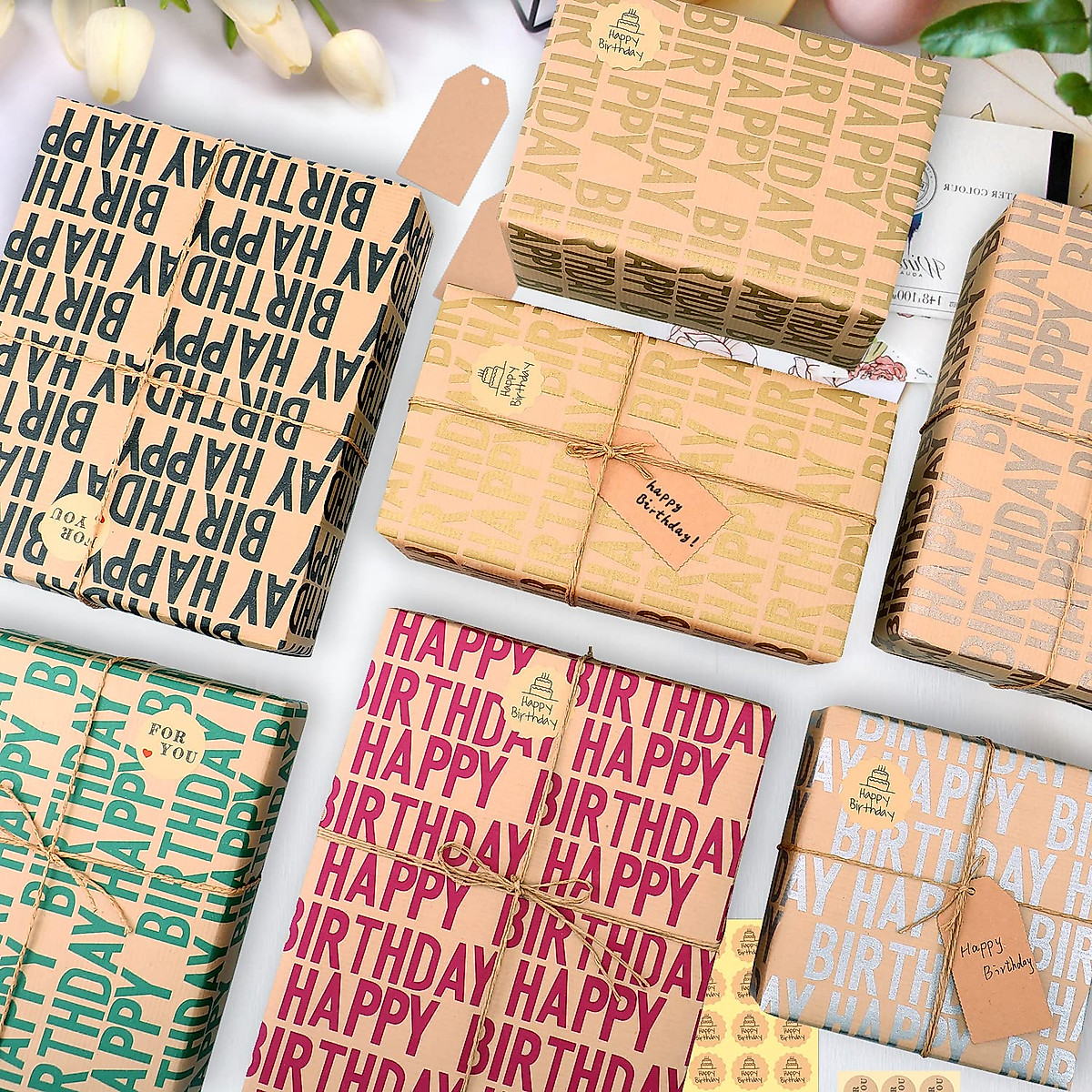 Birthday Wrapping Paper Set, 6 Sheets Kraft Brown Recycled Gift Wrapping Paper with Stickers, Gift Wrapping Paper with Happy Birthday Pattern Design for Kids Girls Women Boys Men Adults, 20×28 inches