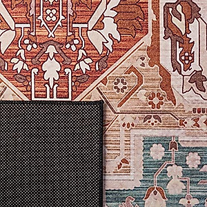 SAFAVIEH Tucson Collection Machine Washable Slip Resistant 8' x 10' Aqua / Rust TSN150J Traditional Vintage Persian Medallion Living Room Dining Bedroom Area Rug