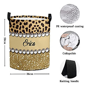 NZOOHY Leopard Print Golden Personalized Waterproof Foldable Laundry Basket Bag with Handle, Custom Collapsible Clothes Hamper Storage Bi