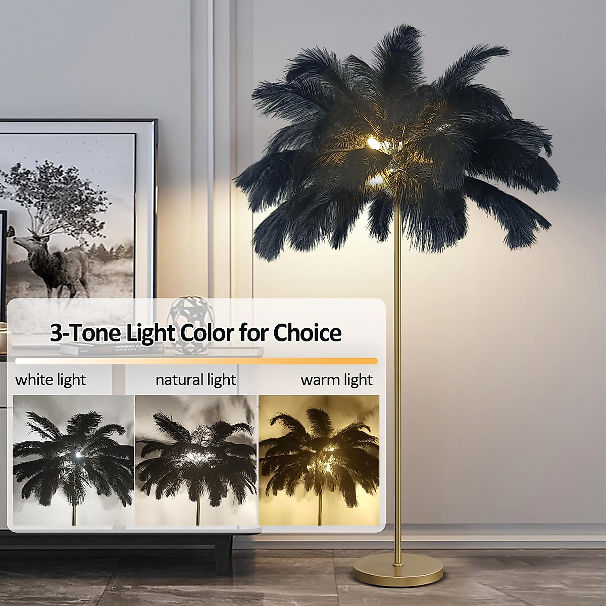 HDXZTQ Floor Lamp， Standing Lamp Tall Feather Floor Lamps 62.9in Black Floor Lamps for Living Room Foot Switch / 6*G4 Feather Lamp (Black Floor lamp)