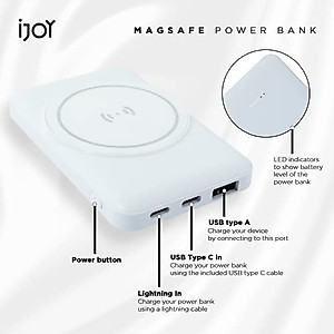 iJoy Magnetic Power Bank- 5000 MAH Portable Charger Power Bank Compatible with Magsafe– Wireless Charger with Lightning/USB/USB C Ports- Wireless Charger Power Bank and Magnetic Battery Pack