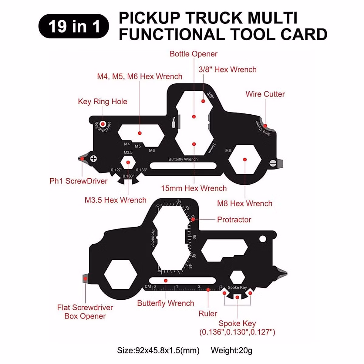 19 in 1 Pickup Truck - Survival Pocket Credit Card Tool Wallet Multitool - Bottle Opener Keychain EDC Multi Use Tool - Useful Cool Tools and Gadgets for Men Husband Stocking Stuffers Small Multitools