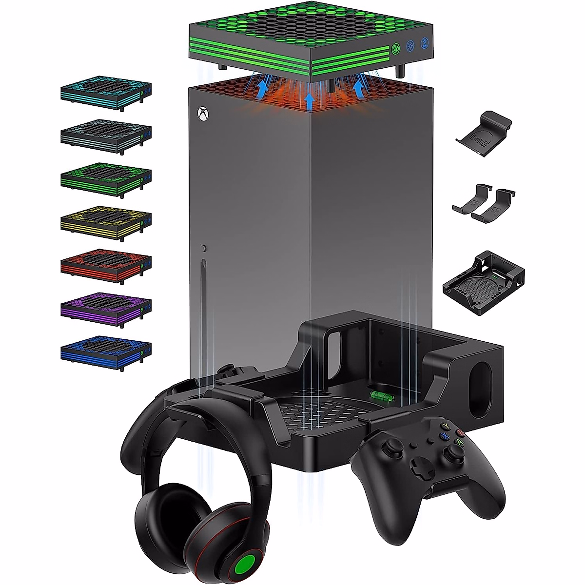 Narati Wall Mount with Cooling Fan Kit for Xbox Series X, RGB Light Strip, 2 Controller Holder & Headphone Hook, 3 Level Adjustable Speed Fan, Mount XSX Facing Forward