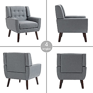 UIXE Comfy Arm Accent Chairs for Bedroom, Mid Century Modern Armchair Living Room Sofa Chair with Wooden Legs, Linen Fabric Button Tufted Upholstered Reading Chair for Home Office (Gray)