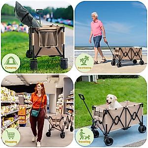 Devoko Collapsible Folding Wagon, 200L Outdoor Heavy Duty Beach Garden Wagon Cart with Big Wheels for Sand, Grocery Cart on Wheels, Beige