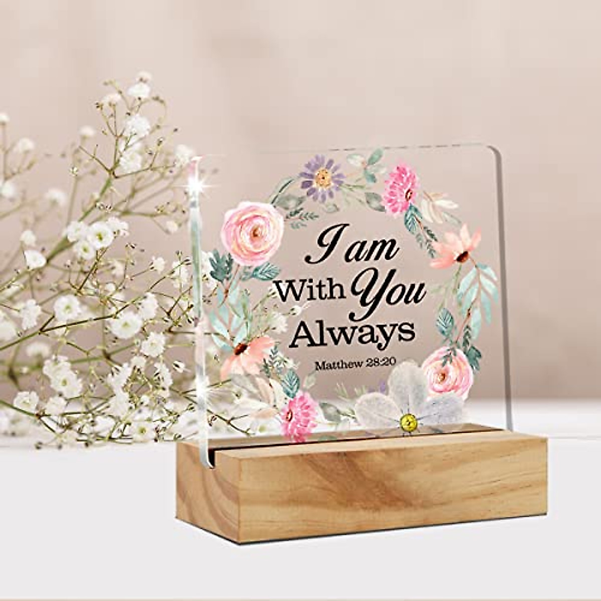 Bible Verse I am with You Always Desk Decor Acrylic Desk Sign Inspirational Scripture Christian Acrylic Plaque Home Office Desk Shelf Decoration Gift 4.7"x4.7"