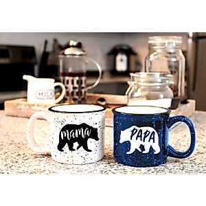 Mama Bear Mug & Papa Bear Mug - 13oz Ceramic Campfire Coffee Mug Set - Pregnancy Announcement New Parents Couples Gifts - Gift Ideas For Expecting Parents (White/Black)