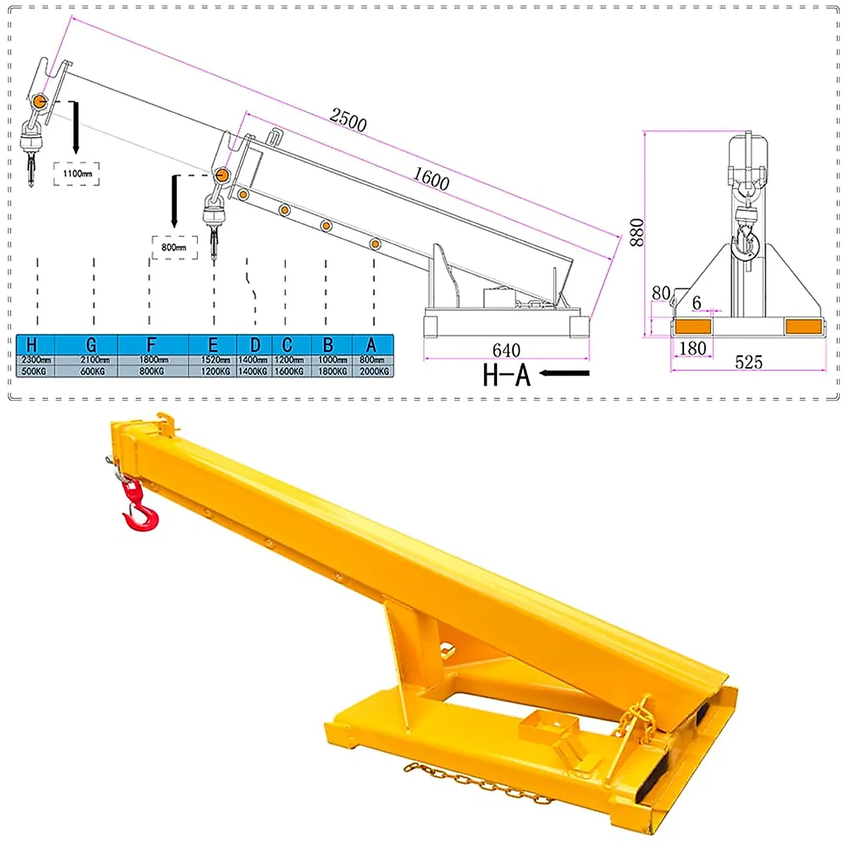 EQCOTWEA 2T/4400LB Adjustable Forklift Jib Boom Crane Mobile Crane Lifting Forklift 63-98" Arm Forklift Telescopic Boom Attachment Forklift Extension Towing Handling Equipment