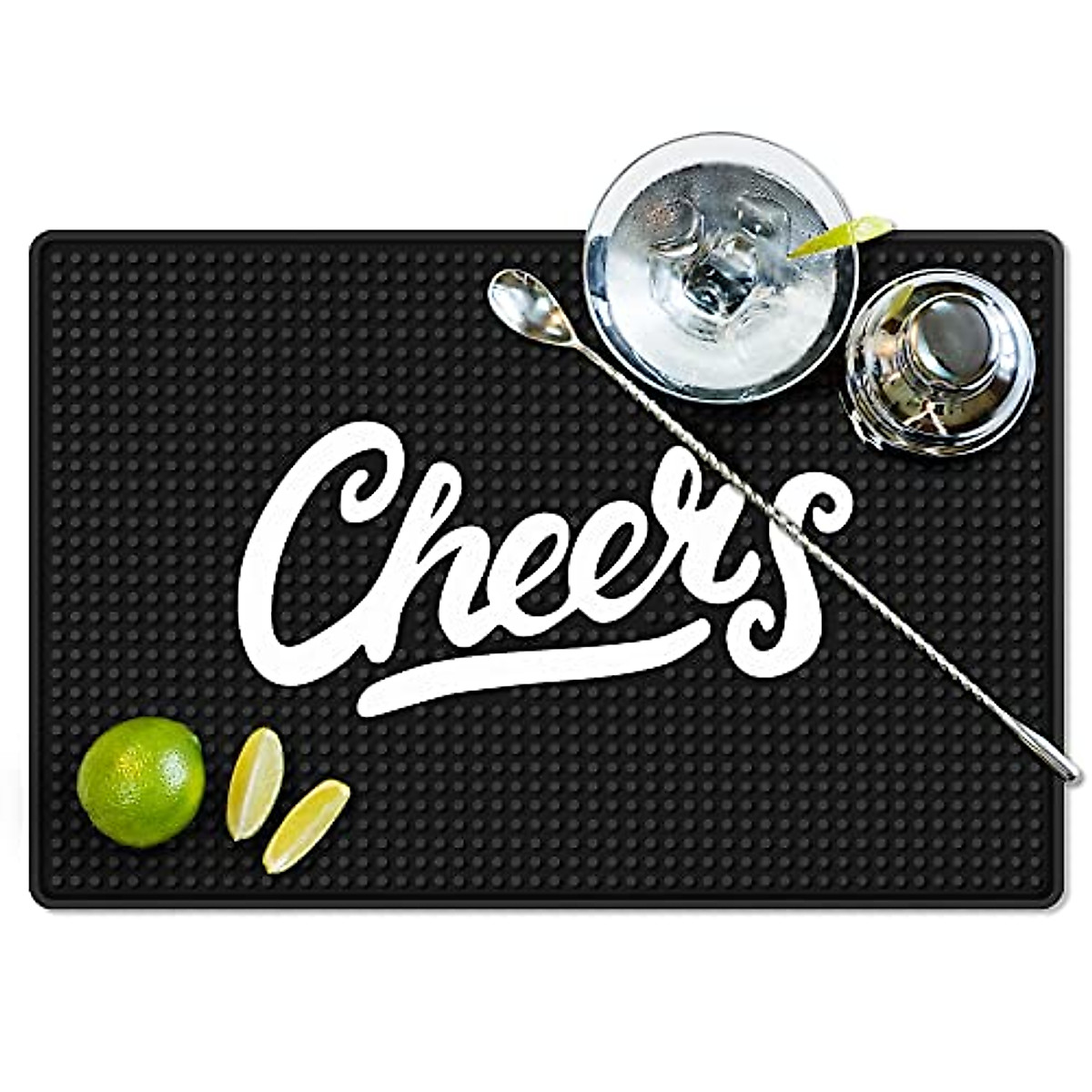 Knot and Style Bar Mat Counter Top - 17.7 x 11.8 inch, Black Waterproof, Non-Slip, Non-Toxic, Heavy Duty Rubber, Easy to Clean, Perfect for Bars & Restaurants, Premium Quality (Cheers)