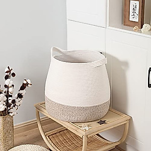 BSMstone Large Cotton Rope Basket 17.7"x 15.7"x13.8" Woven Baby Laundry Blanket Basket Toy Basket with Handle Storage Baskets for Comforter, Cushions, Quilt, Toy Bins (White + Camel)